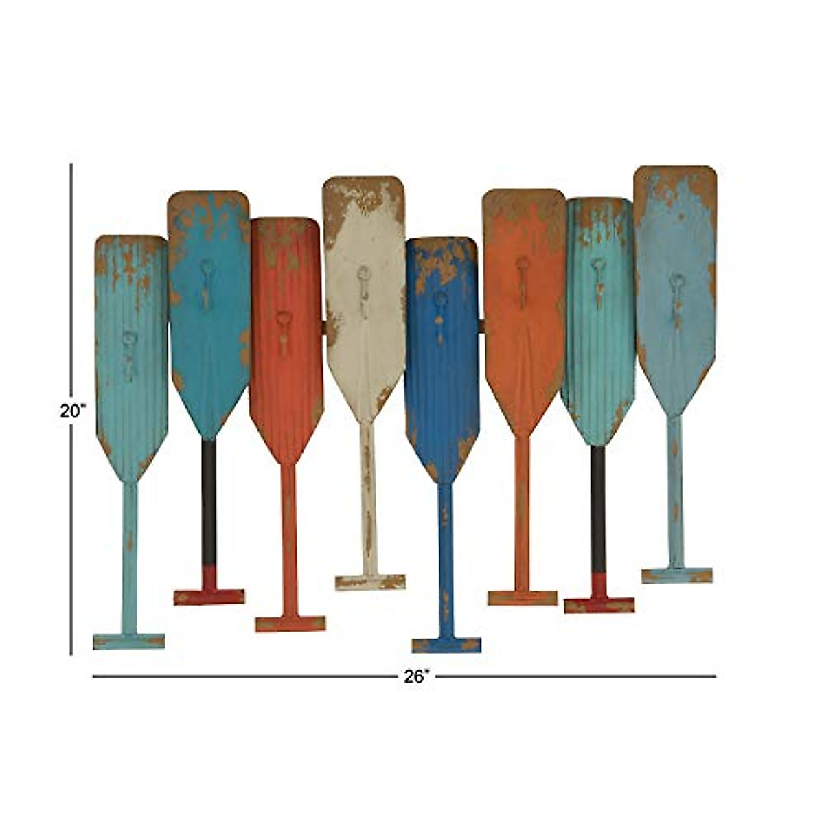 Deco 79 Metal Paddle Indoor Outdoor Distressed Oar Shaped 8 Hooks Wall Hook, 26" x 1" x 20", Multi Colored