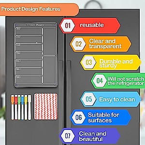 Latouni Acrylic Magnetic Menu Board for Kitchen,Acrylic Weekly Calendar for Fridge,Acrylic Dry Erase Board for Refrigerator,Clear Meal Planner for Fridge with 6 Magnetic Erasable Markers 8"x12"