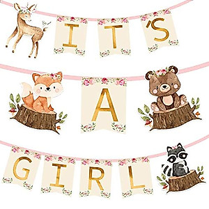 Woodland Animal Creatures ITS A GIRL Banner for Baby Shower Decoration Deer, Fox, Raccoon and Bear / Wild One, Boho Themed Party Supplies