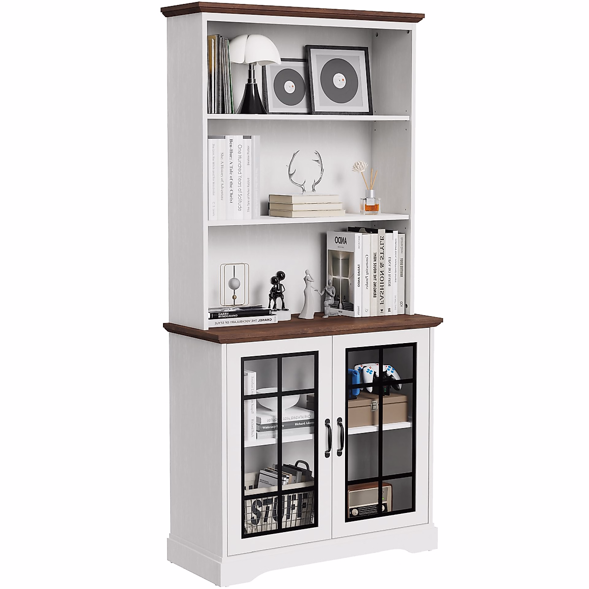 blini 5 Shelf Tall Bookcase with Glass Doors White Bookshelf 31in Wide Display Standing Storage Shelf 72in Tall Wood Book Shelves for Bedroom Living Room Office Library