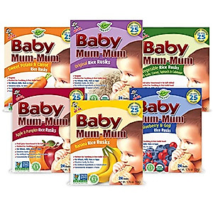 Peaceful Squirrel Variety, Hot-Kid Baby Mum-Mum Rice Rusks Variety Pack of 6 (Organic Original, Banana, Vegetables, Apple & Pumpkin, Carrot & Sweet Potato, Blueberry & Goji) - 1.76 Ounce