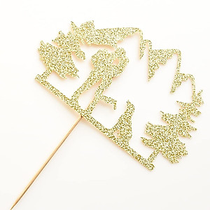 Outdoor Wedding Cake Topper Bride & Groom with Dog Backpacking Wedding Party Decor Mountain Trees Outdoor Themed Wedding Cake Decorations Gold Glitter