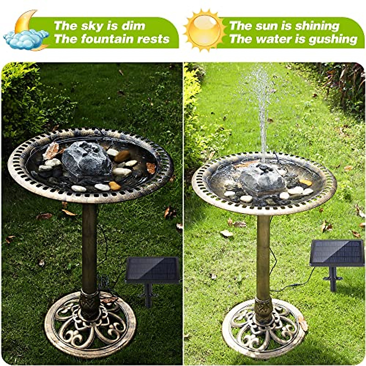 Solar Fountain Bird Bath with Solar Panel, Rockery Granite Water Bubbler with 5 Nozzles Solar Water Fountain for Birdbath Outdoor, Pond, Patio Garden, and Fish Tank
