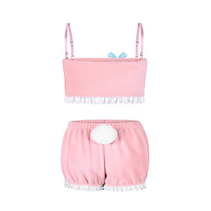Landofgenie Cozy Womens Pajamas Tank Top and Shorts Set Fuzzy Lounge Set Women Cosplay Lingerie Pink Bunny XL
