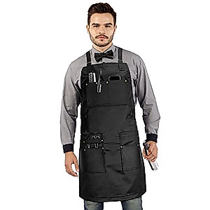 Under NY Sky Barber Black Apron - Leather Straps, Pockets, Reinforcements - Crossback - Coated Black Twill, Tool Pockets, Split-Leg – Adjustable for Men, Women – Barista, Bartender, Hairstylist, Salon