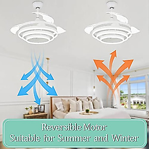 42 Inch Retractable Ceiling Fan, Modern Ceiling Fans with Lights Remote, Silent DC Motor 6 Speeds 3 Color Light, Retractable Blade Ceiling Fan White