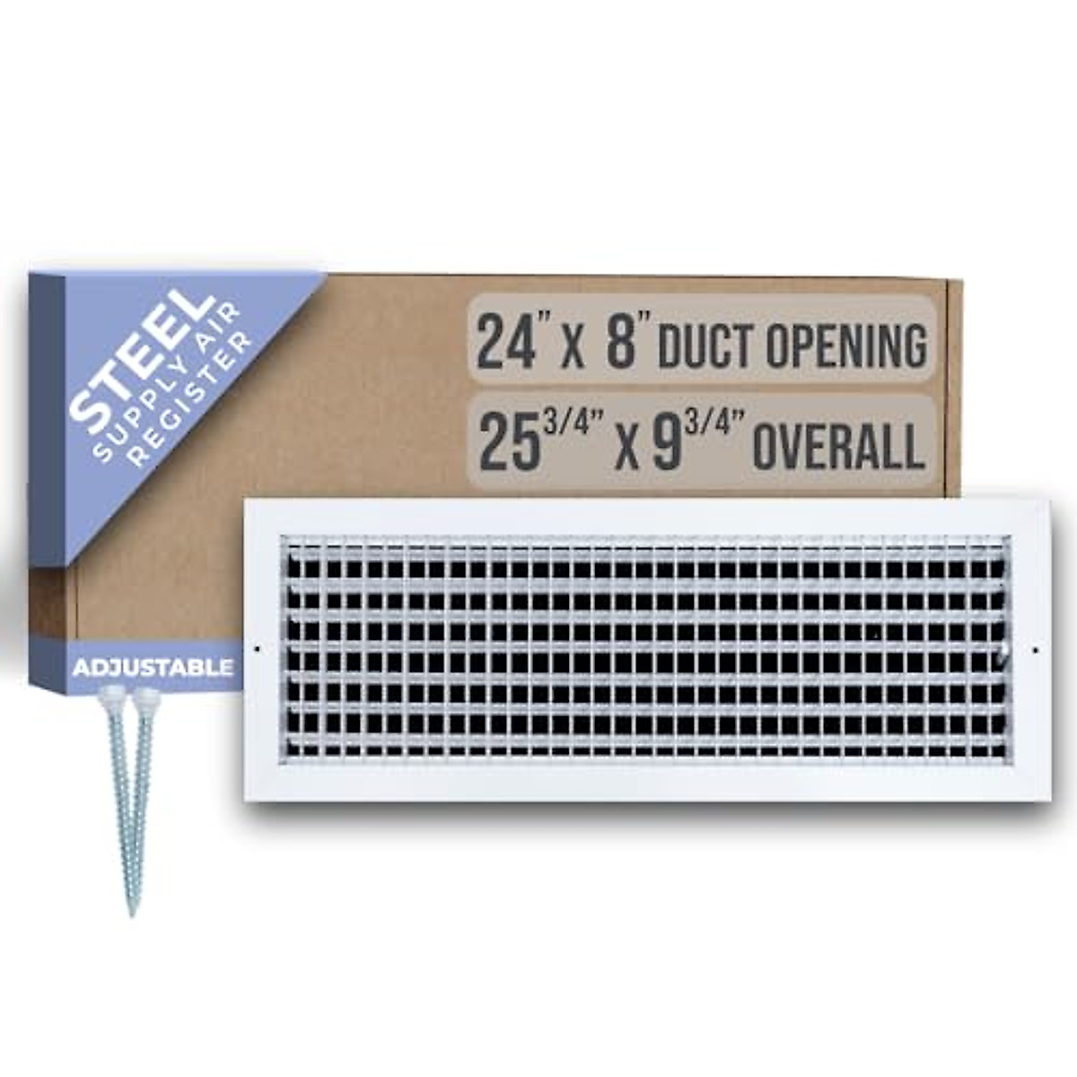 Fits 24" x 8" Duct Opening Steel Adjustable Air Supply Grille by Handua | Register Vent Cover Grill for Sidewall and Ceiling | White | Outer Dimensions: 25.75" X 9.75"