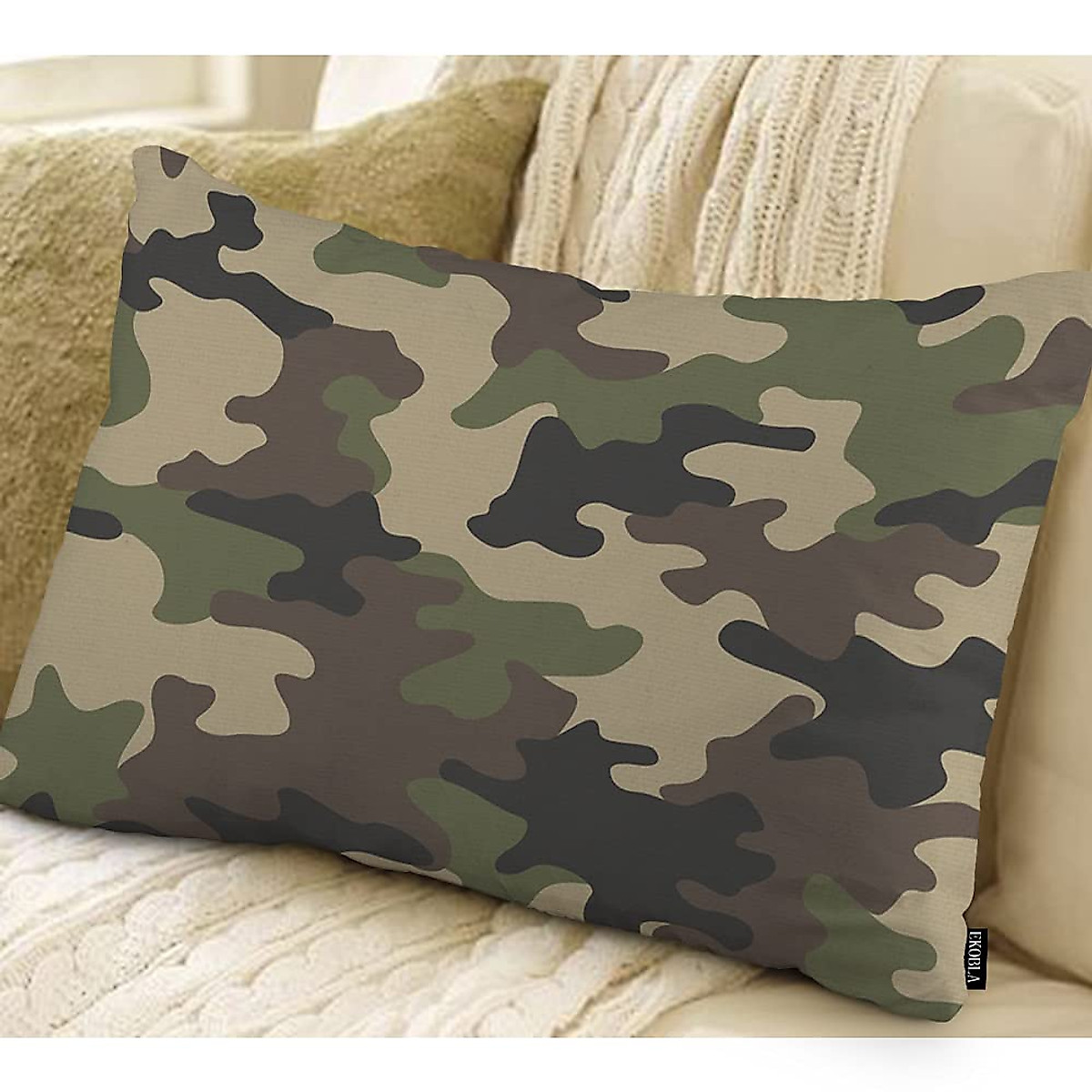EKOBLA Camouflage Pattern Rectangle Pillow Covers Military Combat Woodland Green Black Lumbar Pillow Cases for Outdoor Square Couch Chair Cushion Cover Cotton Linen 12x20 Inches