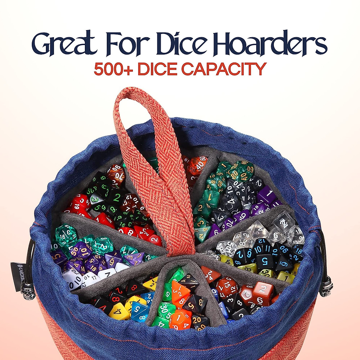 CardKingPro Monstrous - Dice Bag with 8 Pockets - Orange/Blue - Huge Capacity 500+ Dice - Great for Dice Hoarders