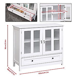 Large Buffet Cabinet for Living Room Kitchen, White Storage Sideboard with Glass Doors and Drawer, Credenza Console Table for Dining Room Entryway, Wooden Serve Cupboard Pantry Cabinet with Shelves
