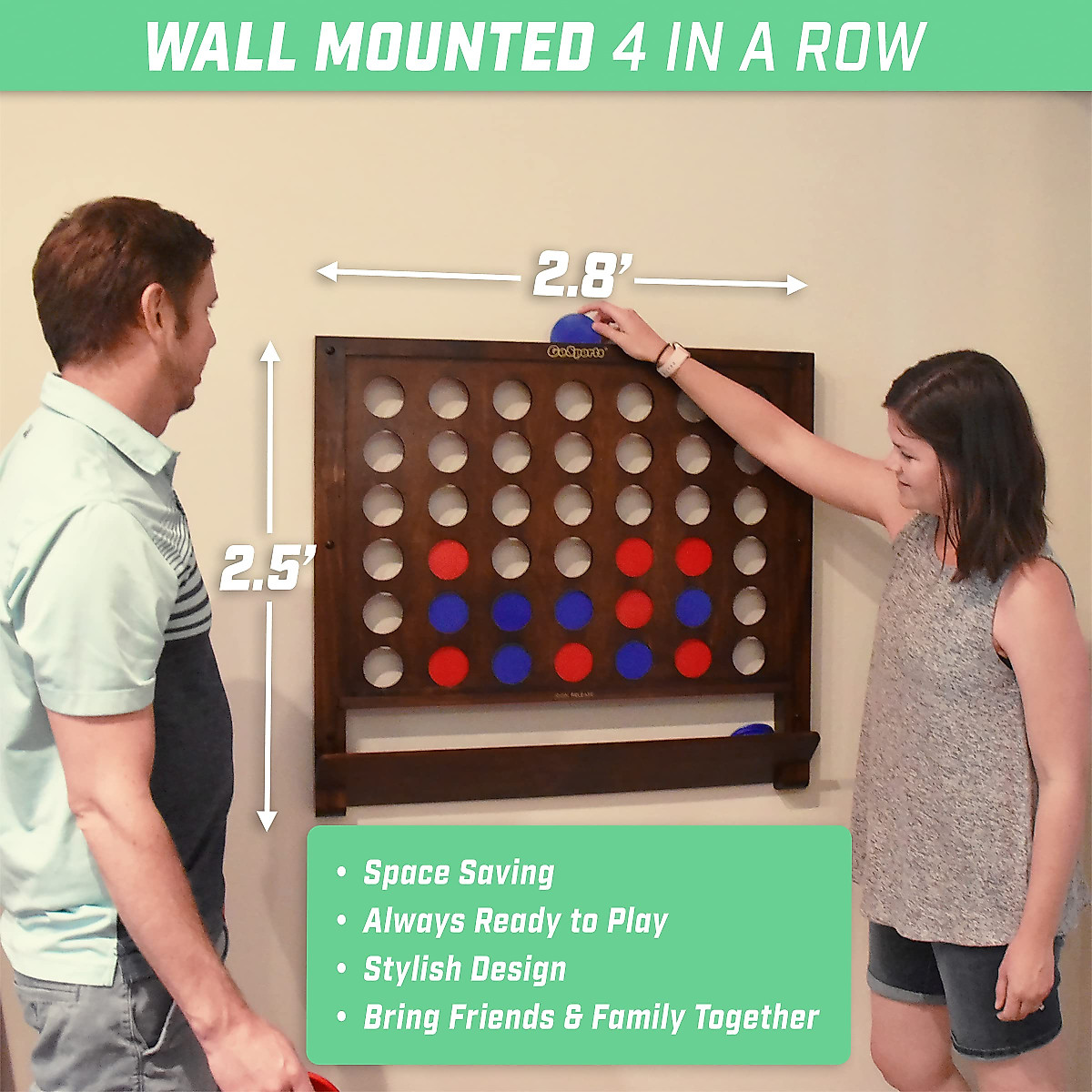 GoSports Wall Mounted Giant 4 in a Row - Jumbo Four in a Row with Coins - Choose Your Style