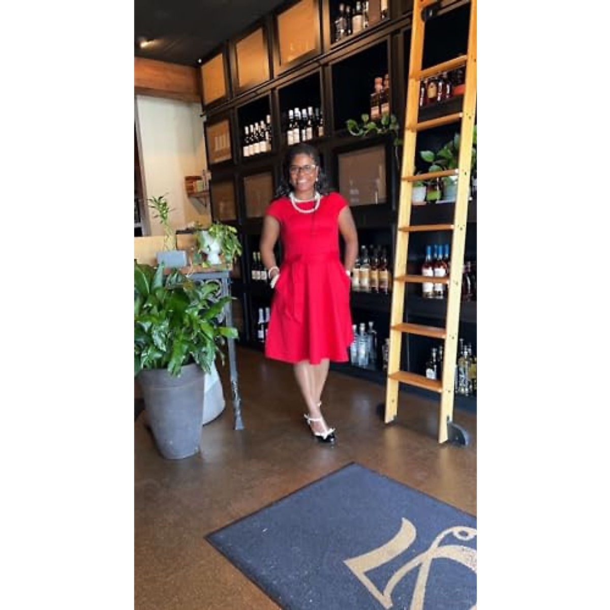 PUKAVT Women's 1950 Boatneck Cap Sleeve Vintage Swing Cocktail Party Dress with Pockets Red XL