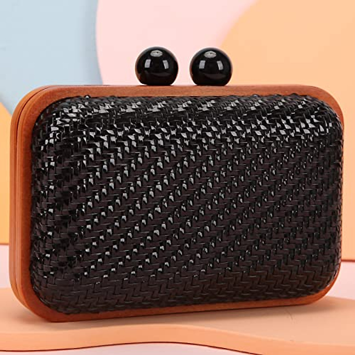 Fawziya Kisslock Weave Wood Evening Bags And Clutches For Women-Black