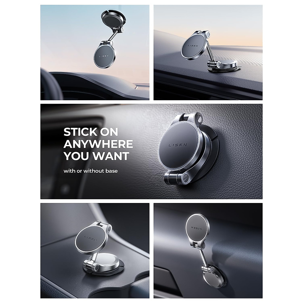 LISEN Magnetic Phone Mount, Folding Car Magnetic Phone Holder for Car 360° Rotatable Dash Cell Phone Holder Car Easily Install Hands Free Car Phone Holder Fits for All Smartphones & Tablet