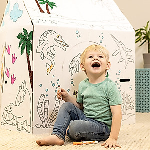 Easy Playhouse Cardboard Dinosaur House - Kids Art & Craft for Indoor & Outdoor Fun, Color Dino Species, 32inchesX26.5inchesX40.5inches