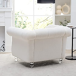 39" Chesterfield Single Sofa Chair Acrylic Crystal Leg Teddy Fabric Upholstered 1 Seater Sofa with Tufted Back,Roll Arm Settee Couches for Living Room Furniture (White + Polyester, Single Sofa)