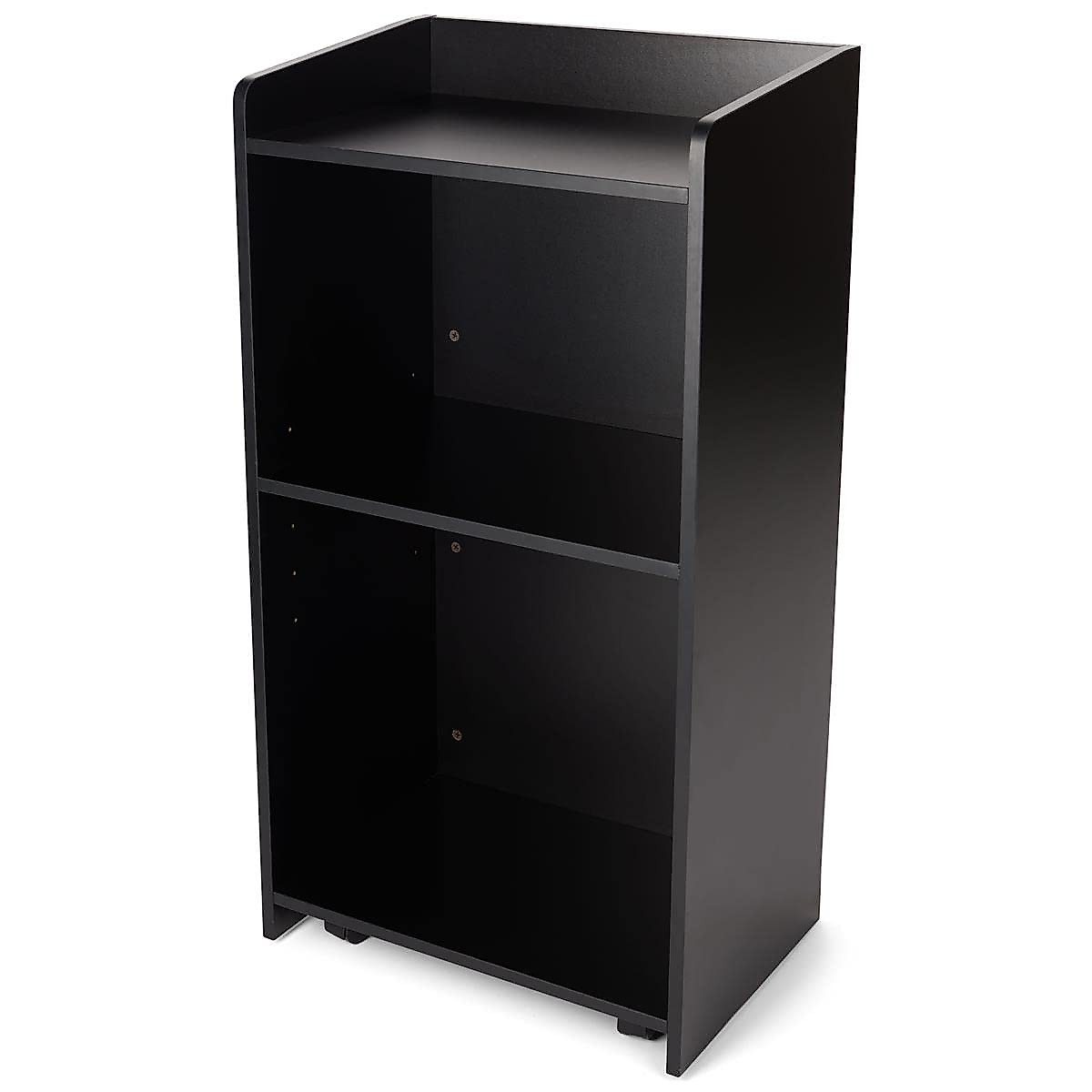 Displays2go Hostess Station, Hidden Wheels, Adjustable Shelf, Black (LCKDPHSBK)