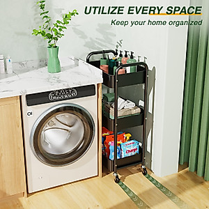 LEHOM 3 Tier Rolling Utility Cart, Metal Trolley Cart with Wheels, Hooks, Easy Assembly Organizer Storage Cart for Bathroom, Kitchen, Office, Bedroom(Black)