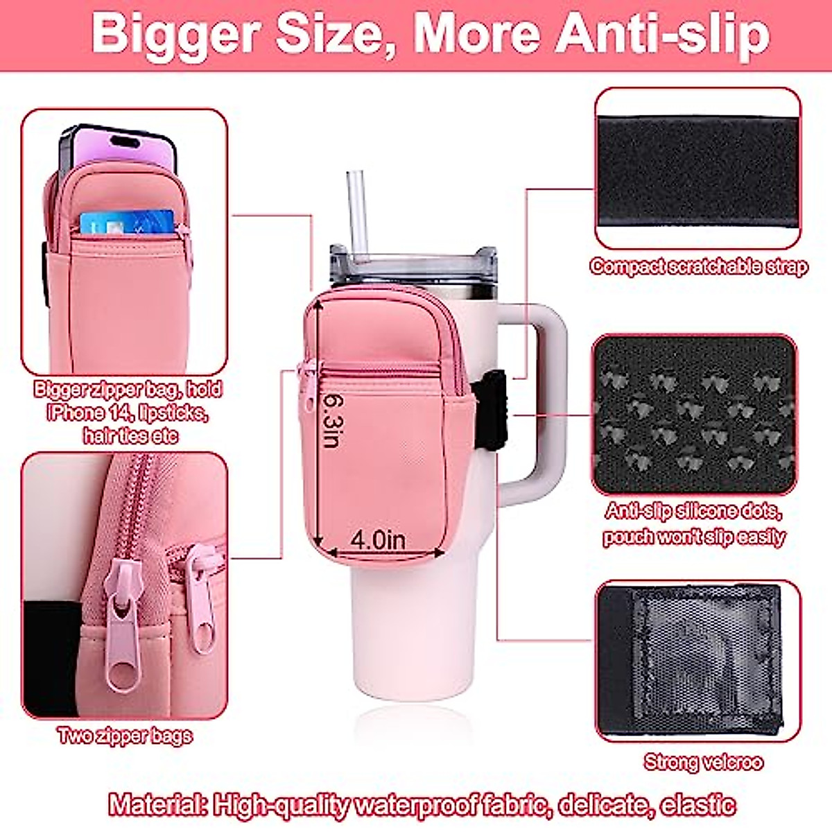 AIERSA Enlarged Water Bottle Pouch for Stanley Quencher Adventure 40oz & Suitable for Simple Modern 40oz Tumbler, Anti-Slip Zipper Belt Bag for Stanley Cup Accessories
