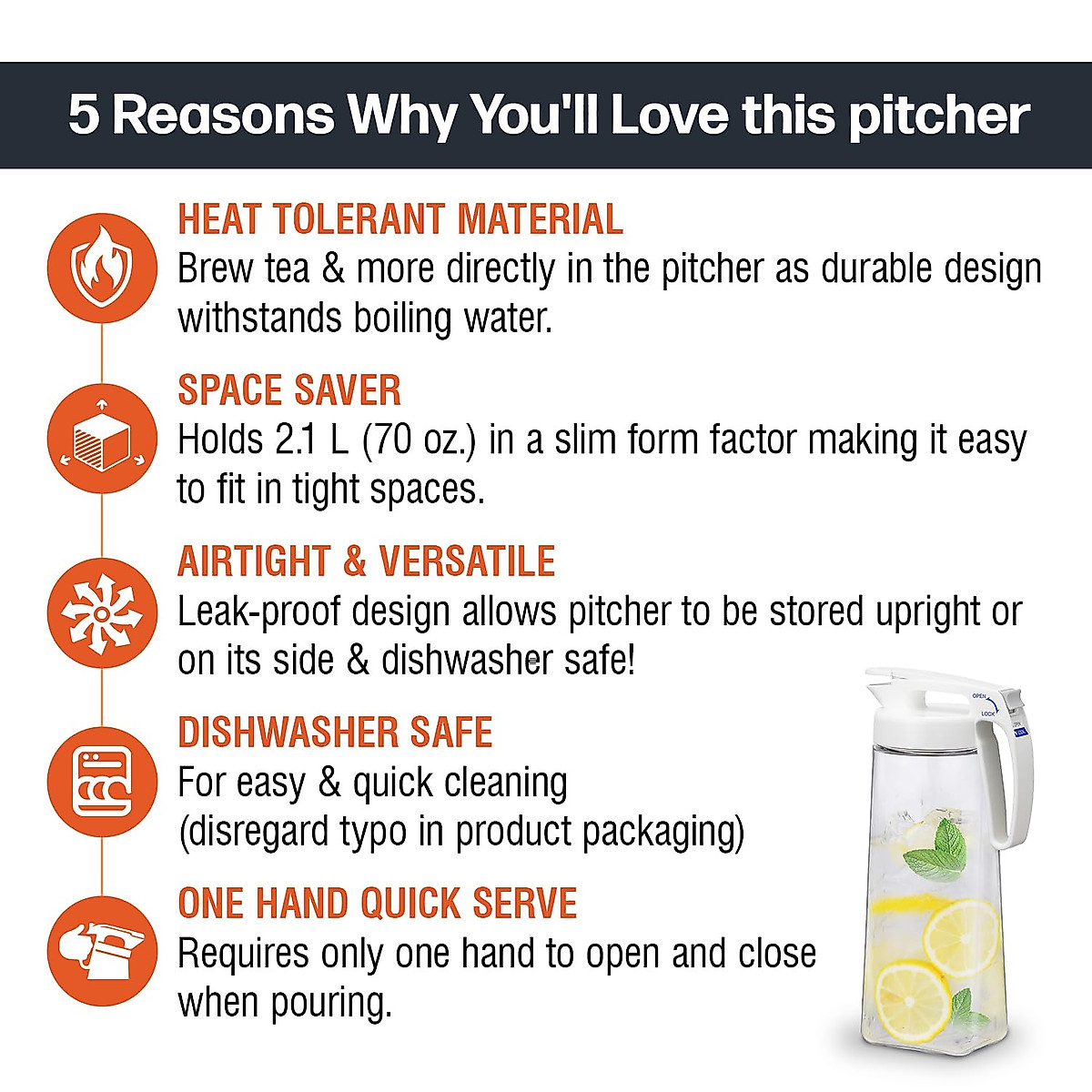 Lustroware QuickServe Airtight Pitcher - 2.1L (70oz), Heat Resistant, BPA-Free SAN Plastic, One Touch Open & Close, Space-Saving, Made in Japan - White