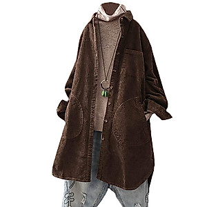 Minibee Women's Corduroy Shirt Coats Long Sleeve Button Down Blouses Tops with Pockets Coffee M