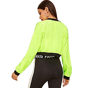 Floerns Women's Long Sleeve Lightweight Crop Bomber Jacket B Neon Green L