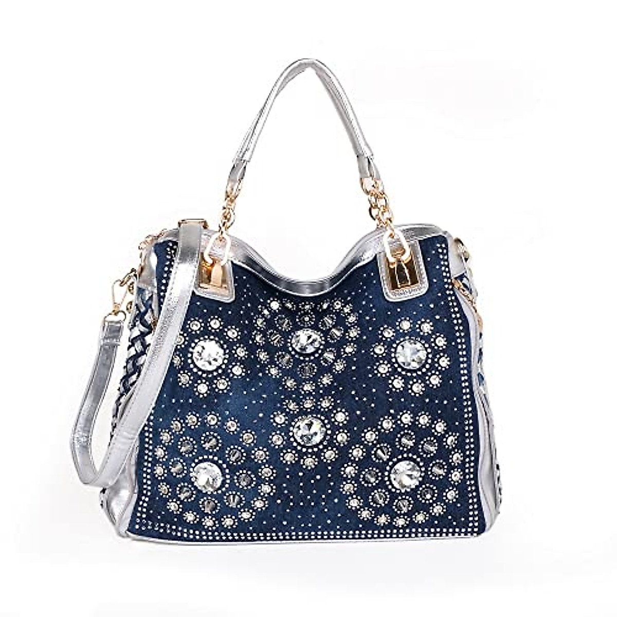 Denim Women Shoulder Bag Crystal Rhinestone Purse Handbag Jeans Crossbody Bag Ladies Tote Bag (silver)