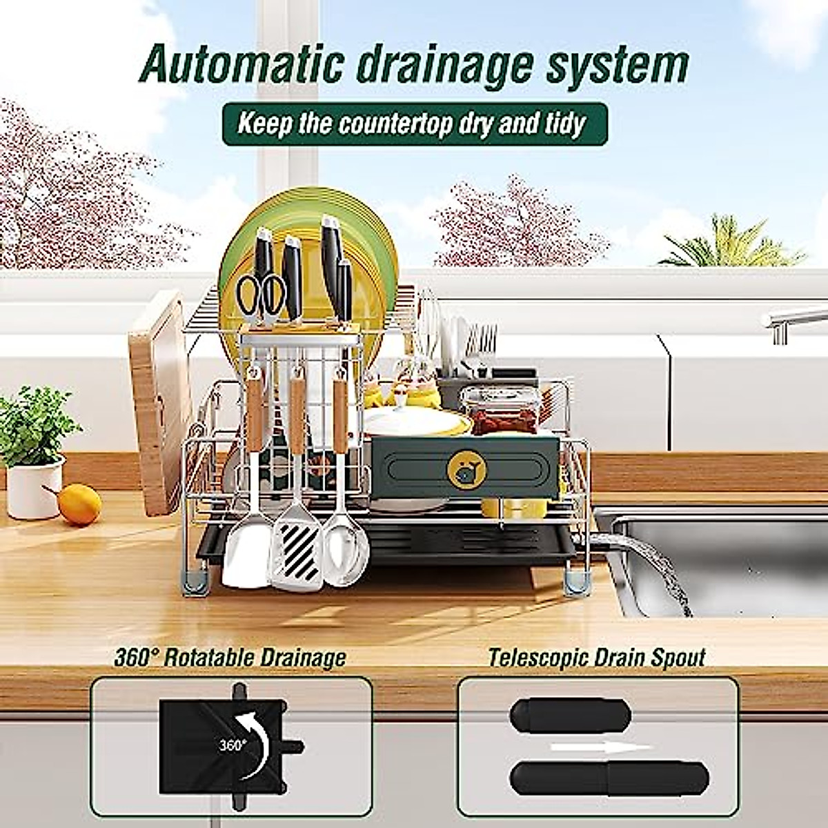 slhsy Dish Drying Rack,2 Tier Dish Racks for Kitchen Counter, Rust-Proof Dish Drainer,Large Dish Drying Rack with Drainboard,Utensil Holder,Knife Block and Drying Mat