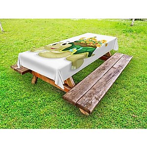 Lunarable Reptile Outdoor Tablecloth, Funny Floral Turtle Talking Colorful Humming Birds Tortoise Ninja Inspired Print, Decorative Washable Picnic Table Cloth, 58" X 84", Multicolor