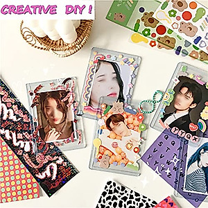 toovro 52 PCS Photo Card Holders for Kpop DIY Suit Penny Sleeves 10 Card Protectors Hard Plastic Holographic Sleeves with Chains 22 Korean Stickers Ribbon Heart Letter Charm Rose Devil Horn Stickers