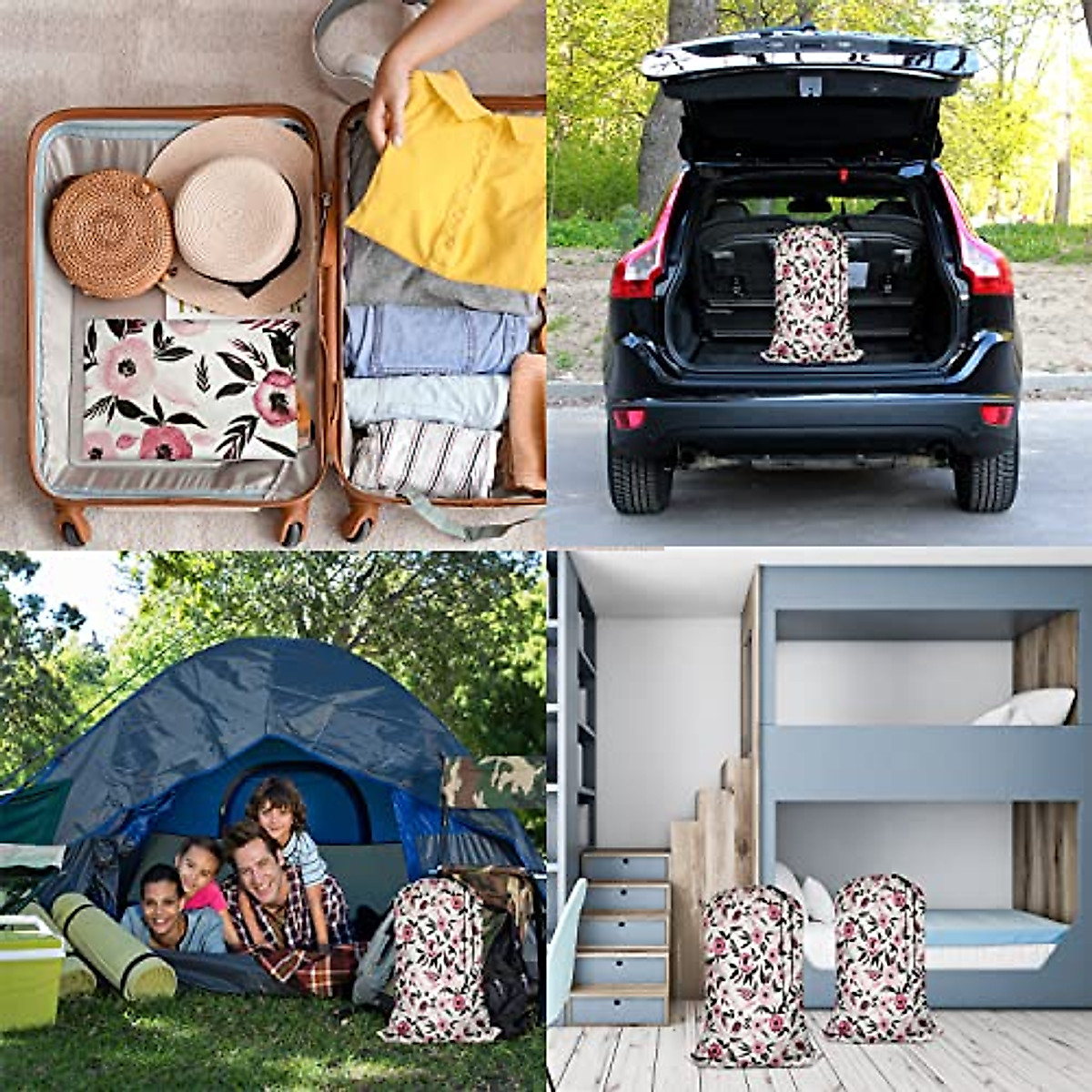 Swono Watercolor Sketch Poppy Large Laundry Bag Washable Large Dirty Clothes, Leaf Repeating Pattern Drawstring Organizer Bag, Fit Hamper Basket Camp Travel Home Dorm, Pink Black