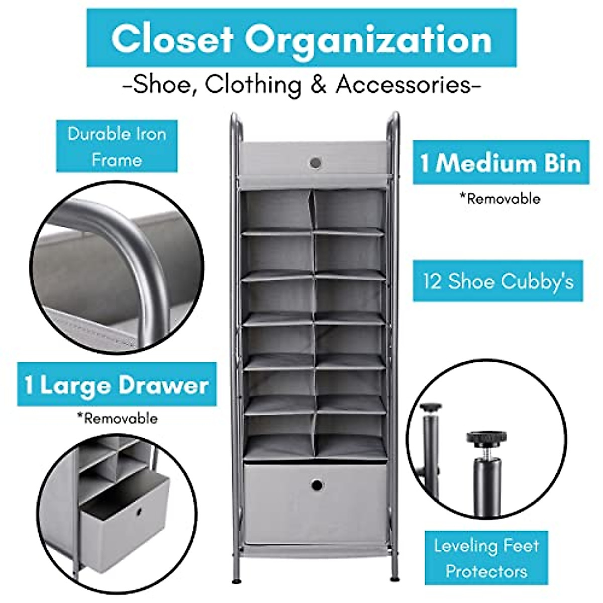BIRDROCK HOME 12 Cubby Vertical Shoe Rack Organizer with Large Drawer - Grey - Free Standing Tower for Closet - Sturdy Metal Frame - Space Saver - Bedroom Organization