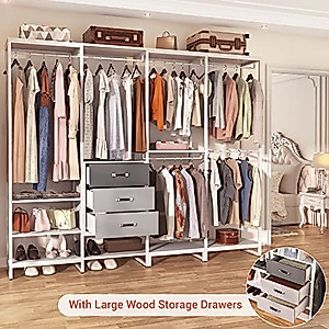 Aheaplus Wood Clothes Rack Wardrobe Closet for Hanging Clothes Heavy Duty Garment Rack, Large Corner L Shaped Closet System Organizers Walk-in Closet for Bedroom with 11 Shelves, 3 Wood Drawers, White