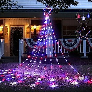 FunNite 4th of July Outdoor Star String Lights, 13ft 240 LED Red White and Blue Curtain Lights Patriotic Fairy Lights Waterproof for Independence Day Tree Yard Garden Wall Party Holiday Decor