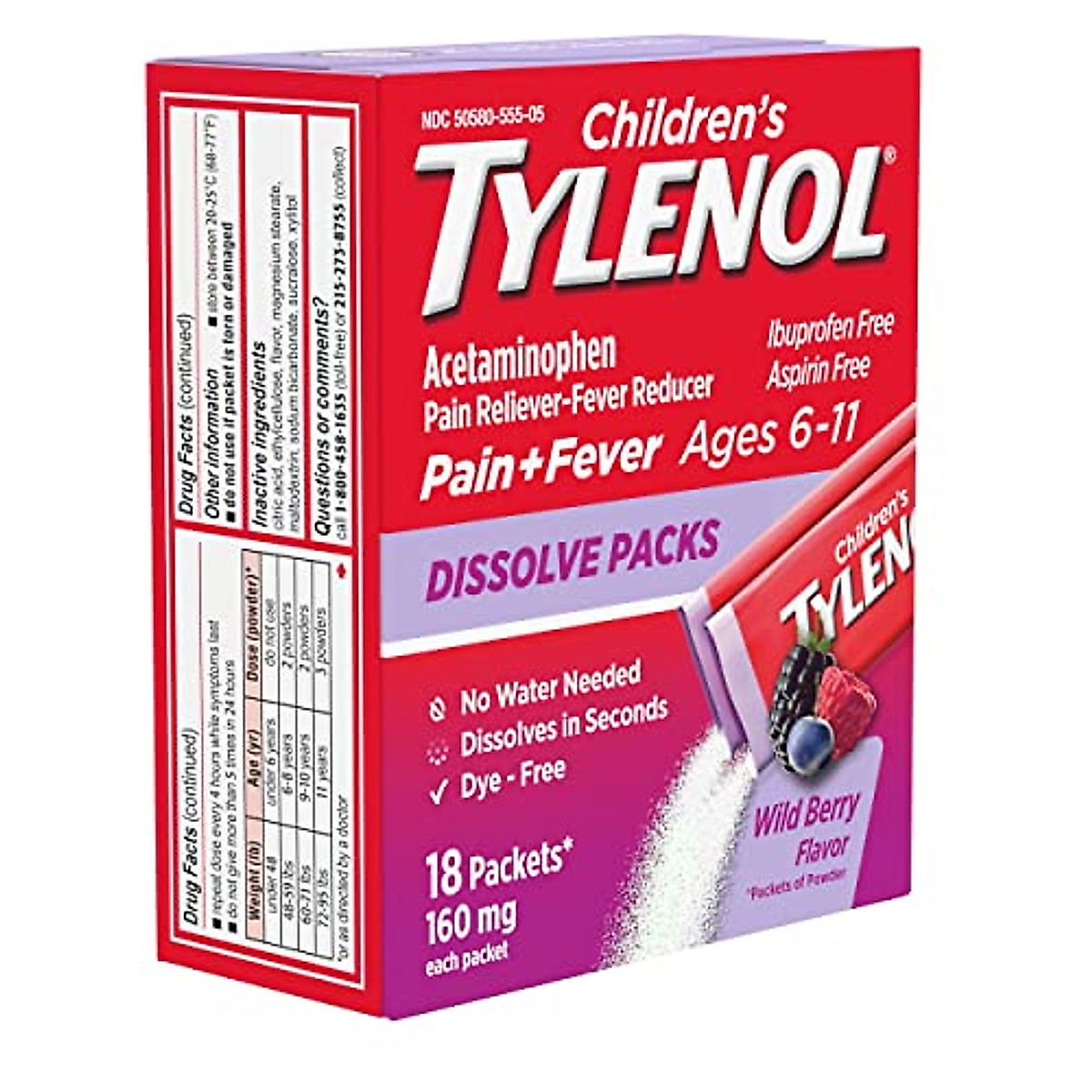 Tylenol Children's Dissolve Powder Packets with 160 mg Acetaminophen, Wild Berry, 18 ct