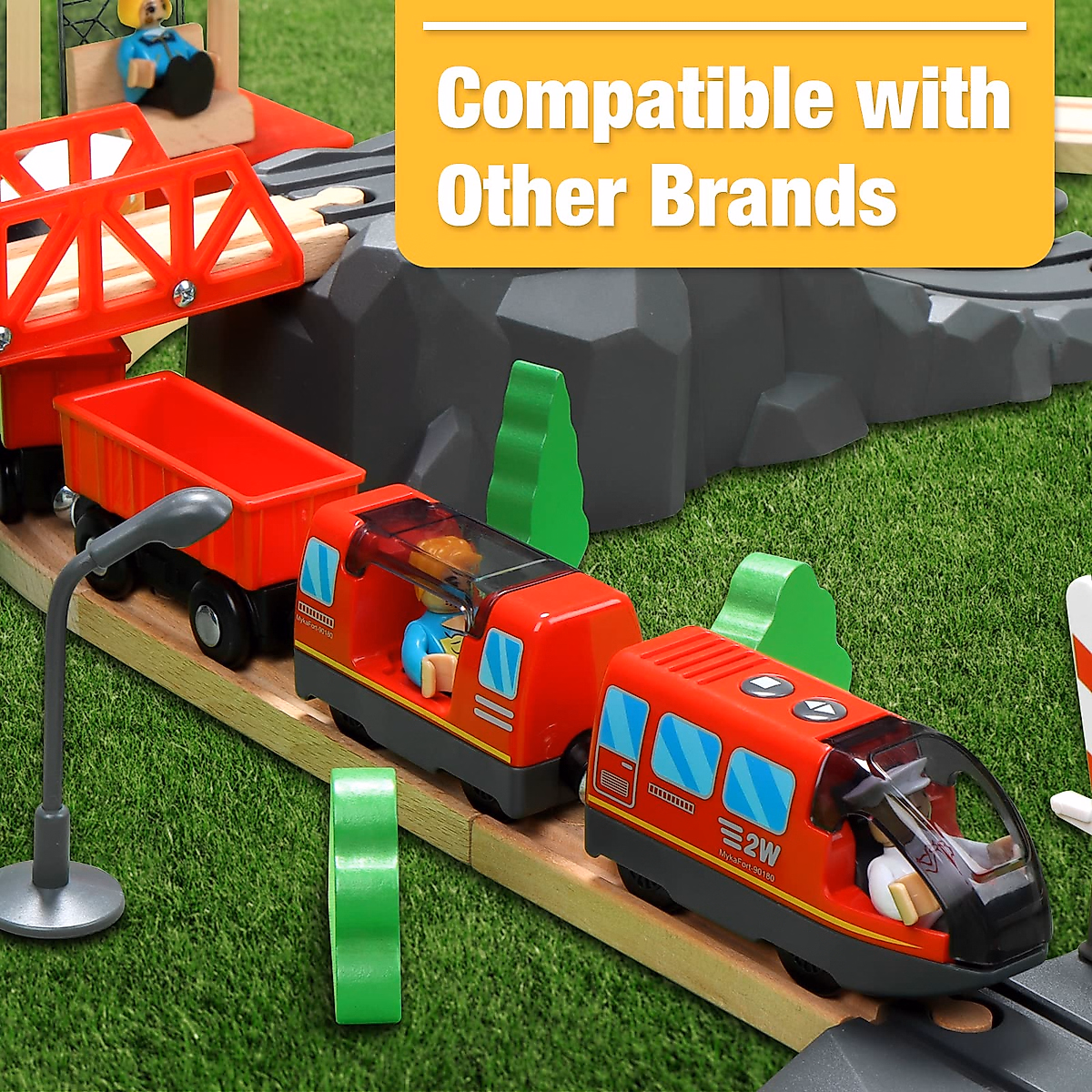 Battery Operated Train Set for Wooden Train Track (w/sound & Magnetic Connection), Powerful Engine Action Locomotive Train Set Fits Brio, Thomas, Chuggington Wooden Tracks, Train Toys for Toddlers 3Y+