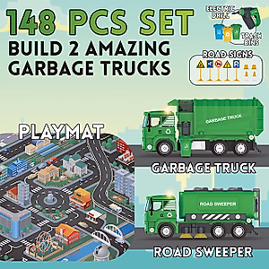 Garbage Truck Toys - 2-in-1 148 Pcs STEM Garbage Truck & Street Sweeper Take Apart Toy w/Drill, Push & Go, Lights & Sounds for Kids – Construction Vehicle Playset for Boys Ages 5 6 7+ Years Old