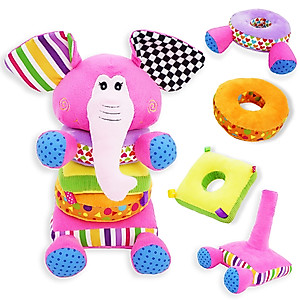 June Garden 11" Soft Stacking Rings Toy - Educational Stuffed Plush Elephant Sensory Development Rattles - Montessori Activity Sensory Learning Toy - 6 Months and Up