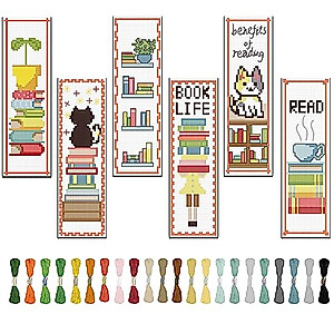 FREEBLOSS 6 Set Cross Stitching Bookmark Cute Stamped Embroidery Bookmark with Instruction Cross Stitch Kits for Adults DIY Bookmark Kit 8''x2.4''