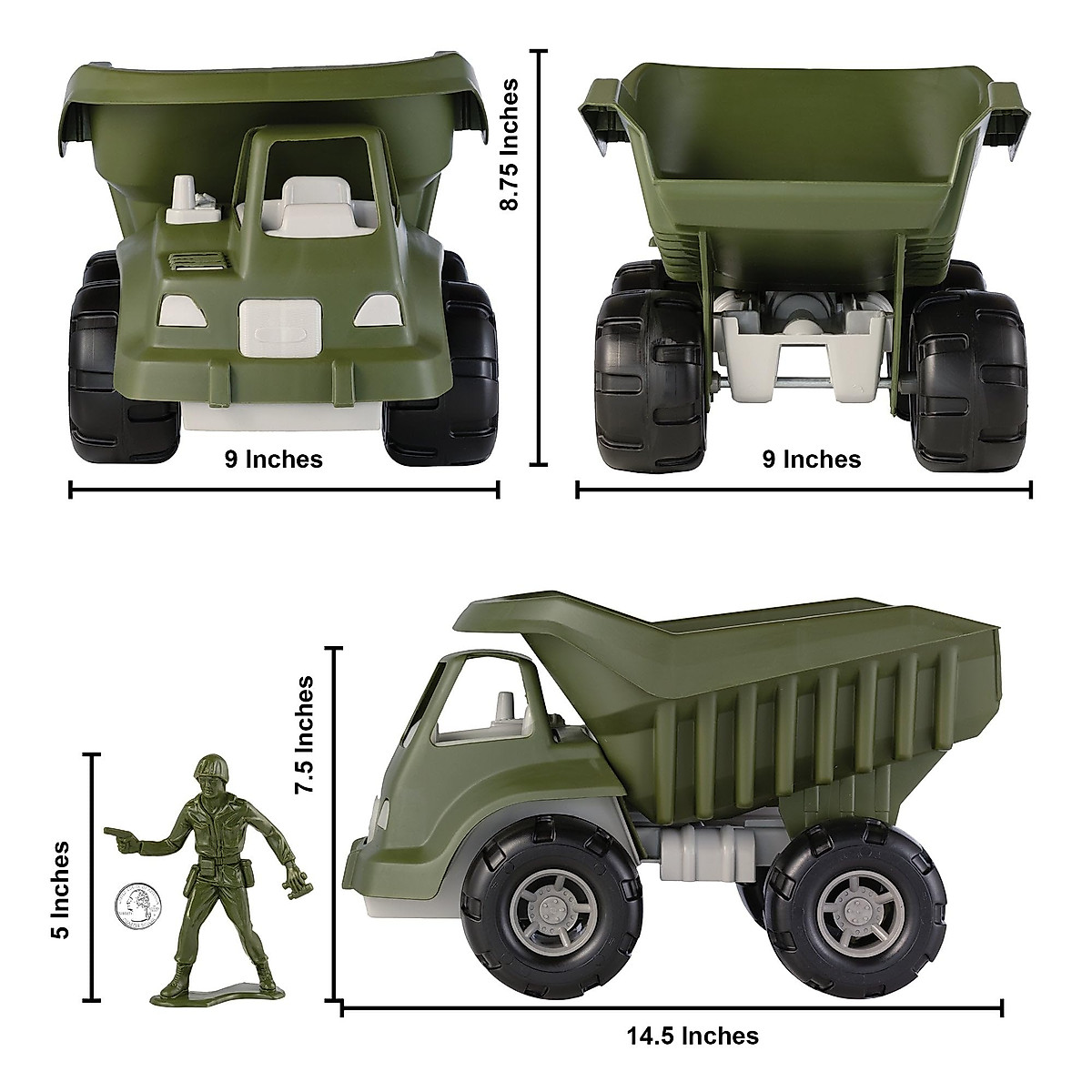TimMee Big Military Dump Truck with 6pc Jumbo Army Men Olive Green - USA Made