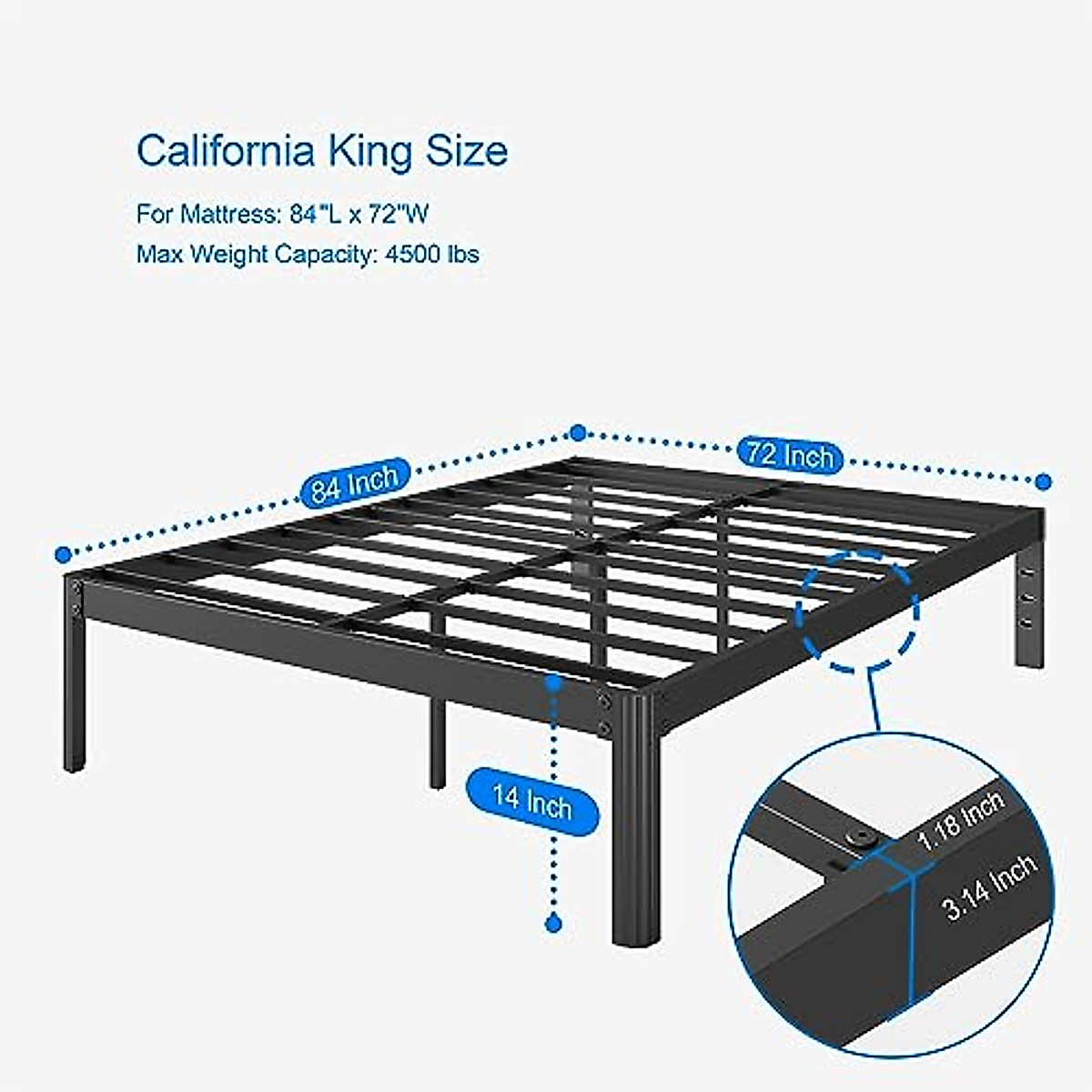 COMASACH California-King Bed-Frame with Round Corner and Cylinder Shaped Leg, 3500 lbs Non Slip Metal Platform Bed Frames No Box Spring Needed, 14 inch Noise Free Mattress-Foundation, Black