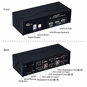 2 Port Displayport KVM Switch Dual Monitor 4K@60Hz 2K@144Hz with Cables, USB 2.0 Hub, Digital Display for 2 Computers 2 Monitors Sharing Keyboard Mouse Video