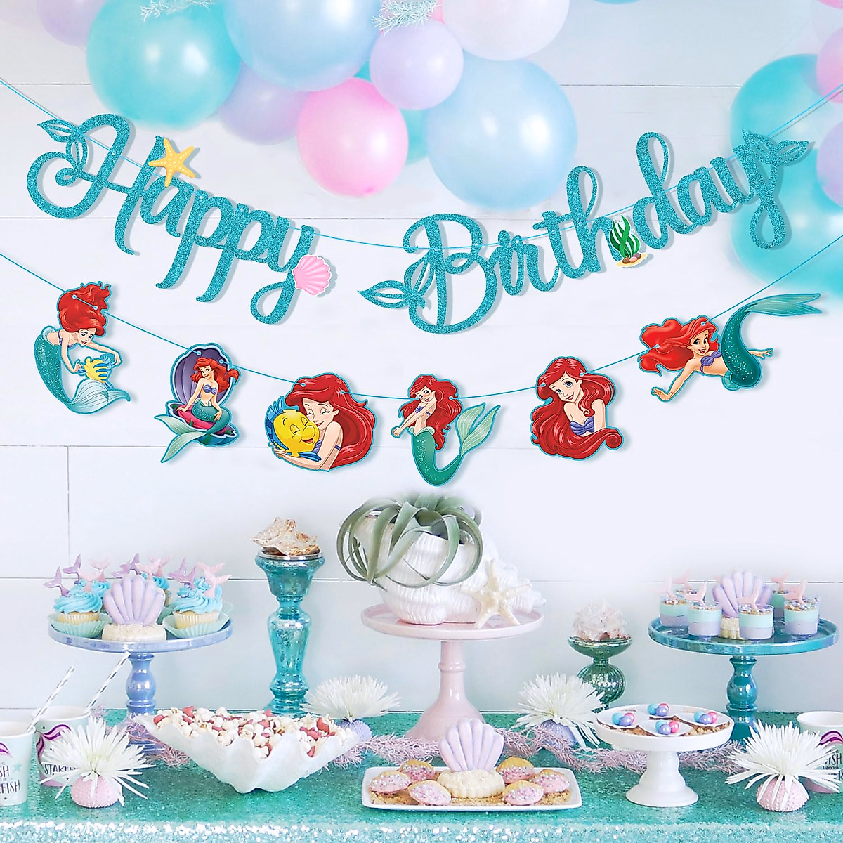 Little Mermaid Birthday Banner, Mermaid Ariel Birthday Banner, Mermaid Birthday Party Supplies Decorations for Girls Boys Birthday Party Baby Shower Cartoon Sign Decorations