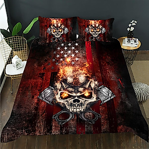 AILONEN Flame Skull Duvet Cover Set King Size - American Flag Comforter Cover Set,Burning Flame Skull Bedding Set,Halloween Vintage Skeleton Luxurious Breathable Quilt Cover and 2 Pillowcases，3PCS