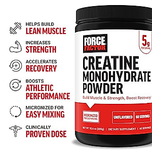 FORCE FACTOR Creatine Monohydrate, Creatine Powder for Muscle Gain, More Strength, and Faster Workout Recovery, Clinically Studied Micronized Creatine 5g Dose Per Serving, Unflavored, 60 Servings