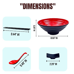 IKIGAI, Ramen Bowl with Chopsticks and Spoon Set of 4 (20 pcs) - 32 and 42OZ Large Melamine Noodle Soup Bowl Set -Pho Bowls and Spoons Set For Ramen, Pho & Soup (32 OZ)