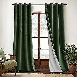 Woaboy 100% Blackout Dark Green Velvet Curtains-2 Panels 84 inch Completely Blackout Window Drapes Thermal Insulate 3 Layer Curtains with Black Liner for Bedroom Nursery Room, Grommet Top (52 * 84")