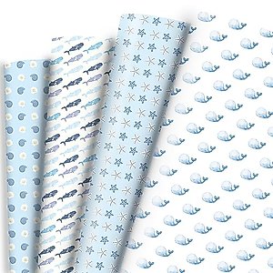 Dtiafu Ocean Wrapping paper for Boys Girls - 8 Sheets 4 Style Sea Blue Gift Wrapping Paper with Cute Whale Starfish Sea Snall Designs for 1st Birthday Baby Shower - 20 X 28inch Per Sheet(Folded Flat)