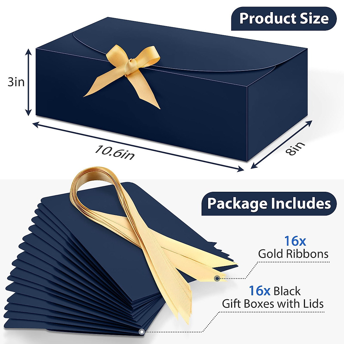 SWANGSA 16Pcs Gift Boxes with Lids, 10.6''x7.8''x3.1'' Blue Kraft Paper Gift Box, Bridesmaid Proposal Box with Ribbon and 70pcs Adhesive Dots, for Wedding, Packaging, Present, Birthday, Cupcake Boxes