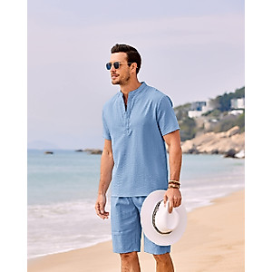 COOFANDY Men's 2 Pieces Linen Set Casual Henley Shirts Short Sleeve Beach Yoga Shorts Summer Pants Outfits